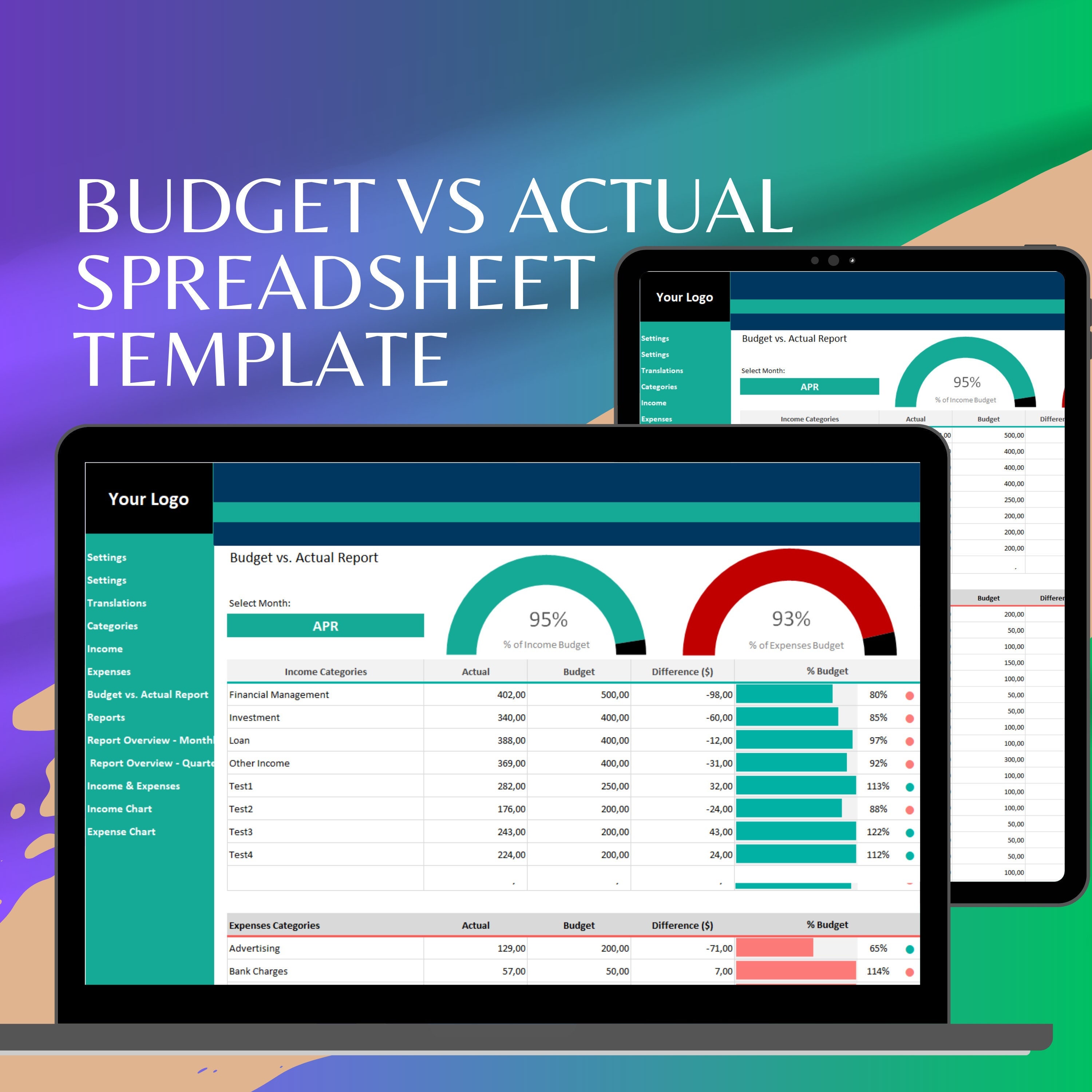 Budget Vs Actual Excel Template: Financial Analysis Spreadsheet - Etsy