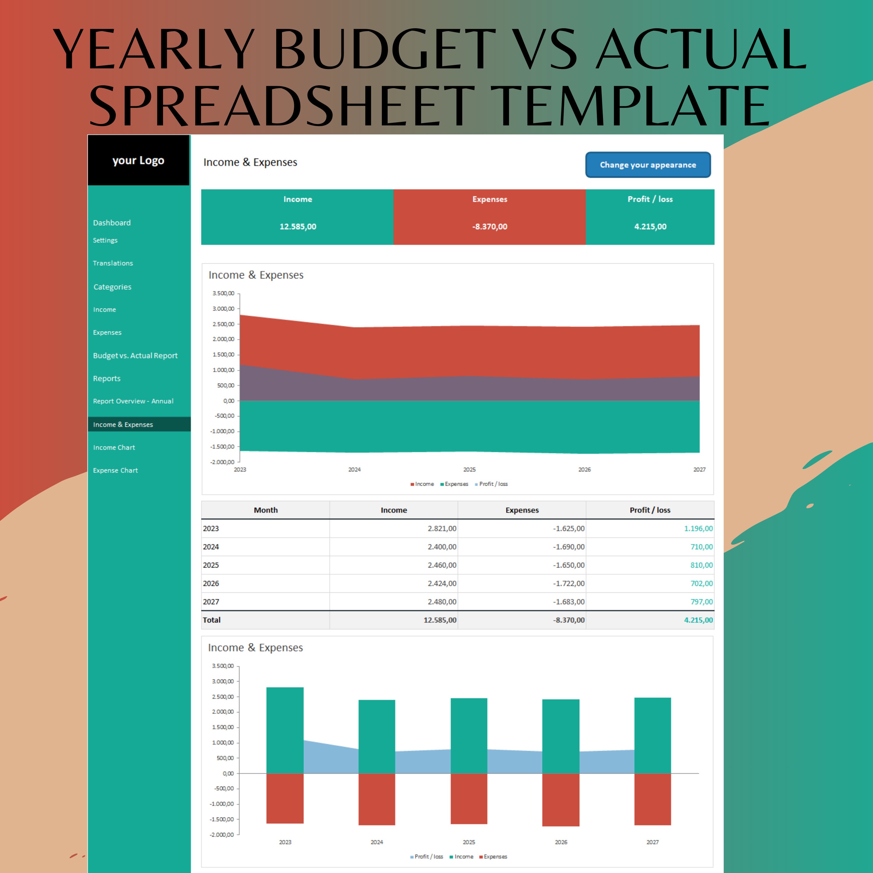 Yearly Budget Vs Actual Spreadsheet Template - Financial Comparison ...