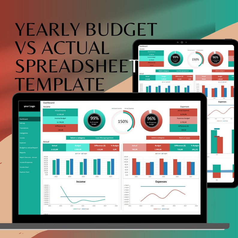 Yearly Budget Vs Actual Spreadsheet Template - Financial Comparison ...