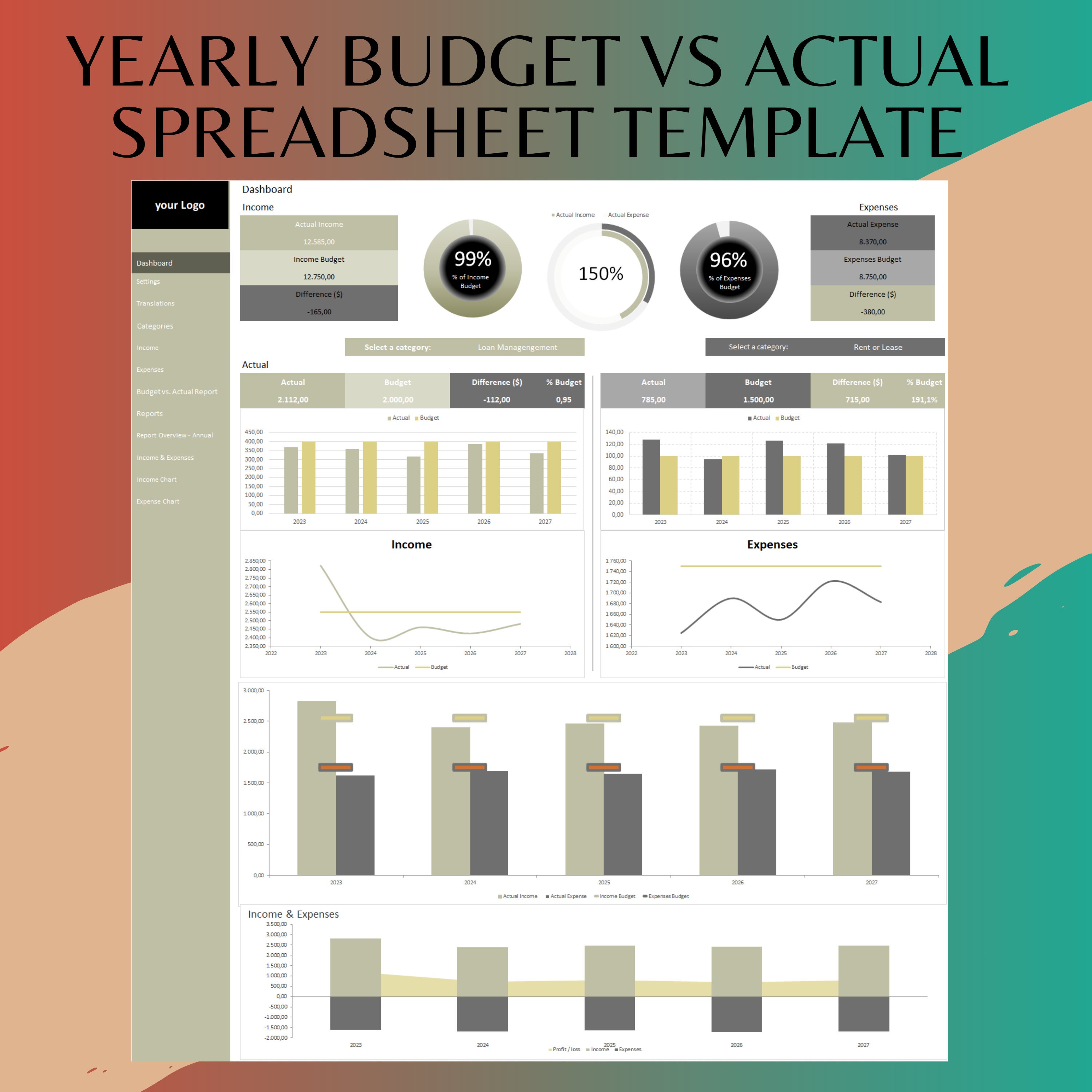 Yearly Budget Vs Actual Spreadsheet Template - Financial Comparison ...