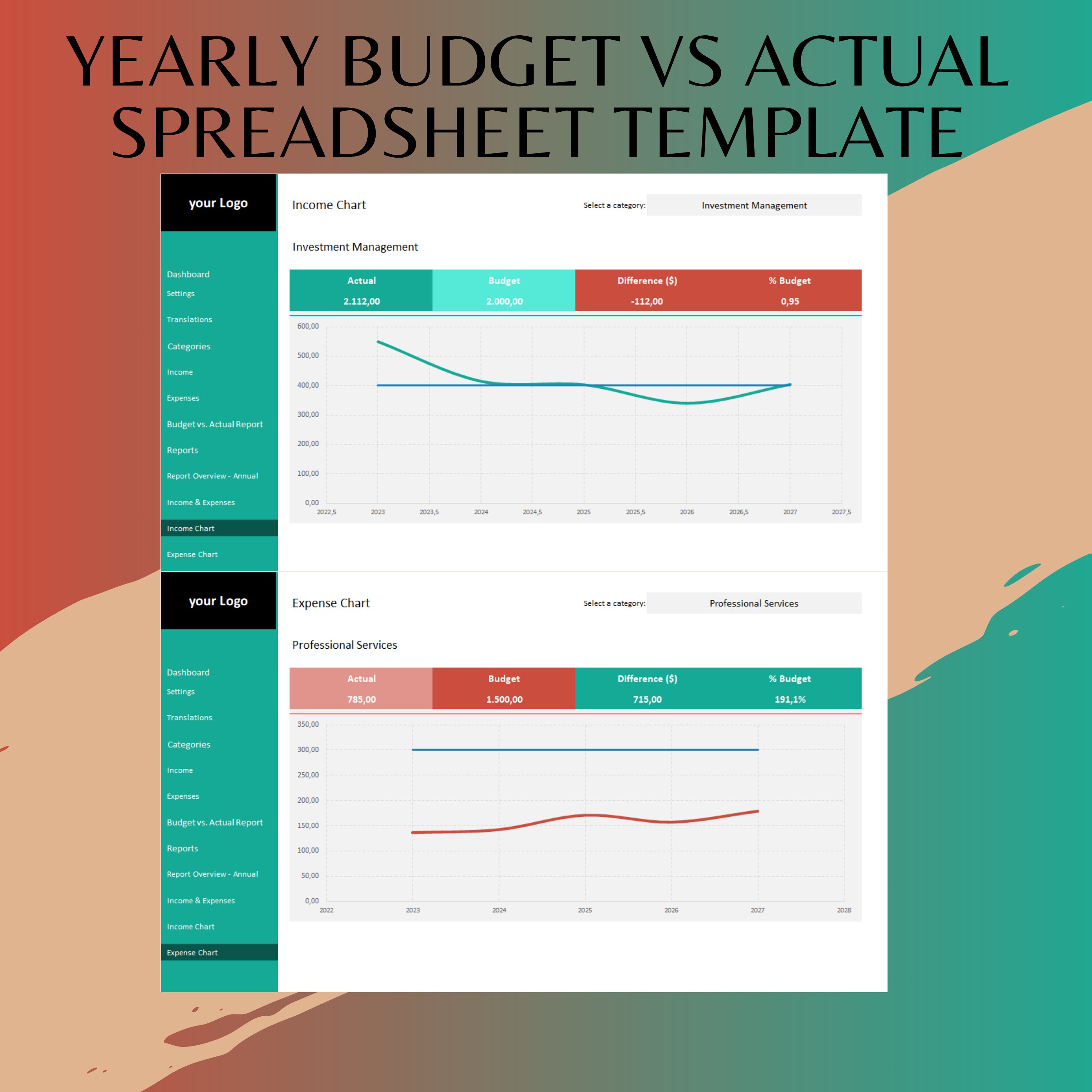Yearly Budget Vs Actual Spreadsheet Template - Financial Comparison ...