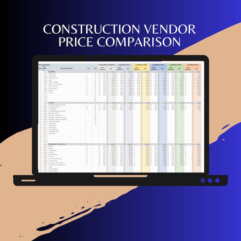 Contractor Price Comparasion Excel Template. Bid Tabulation Detailed ...
