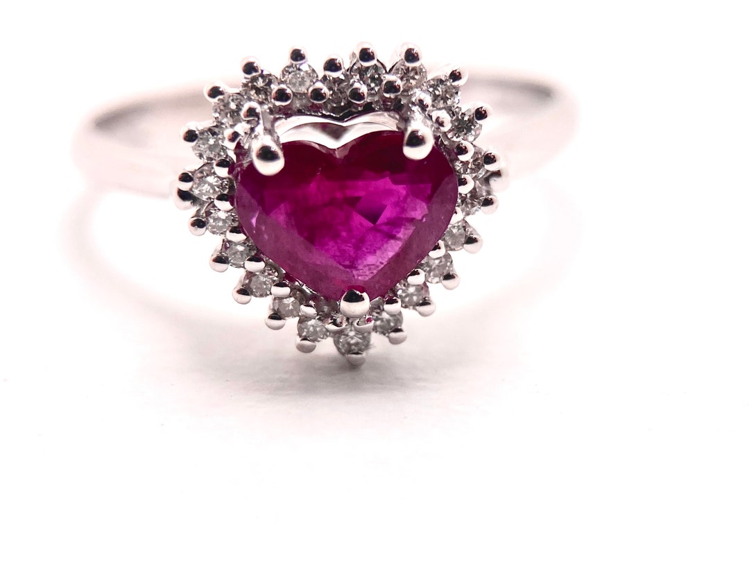 Red Ruby Heart Ring in 18k White Gold With Diamonds, Heart Ring, Red ...