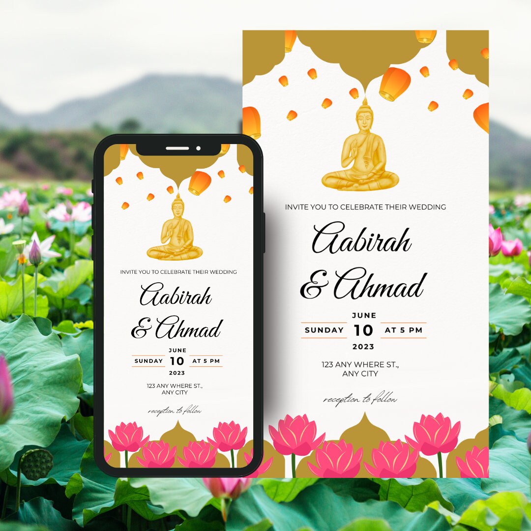 Golden Buddha Statue Buddhist Wedding Digital Invite With Water Lilies ...
