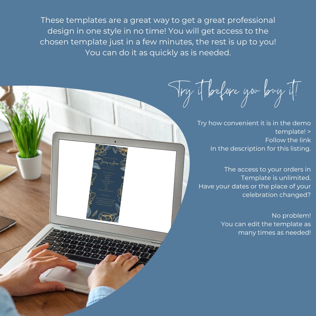 Wedding Program Template Blue and Gold Floral Pattern Minimalist Card ...