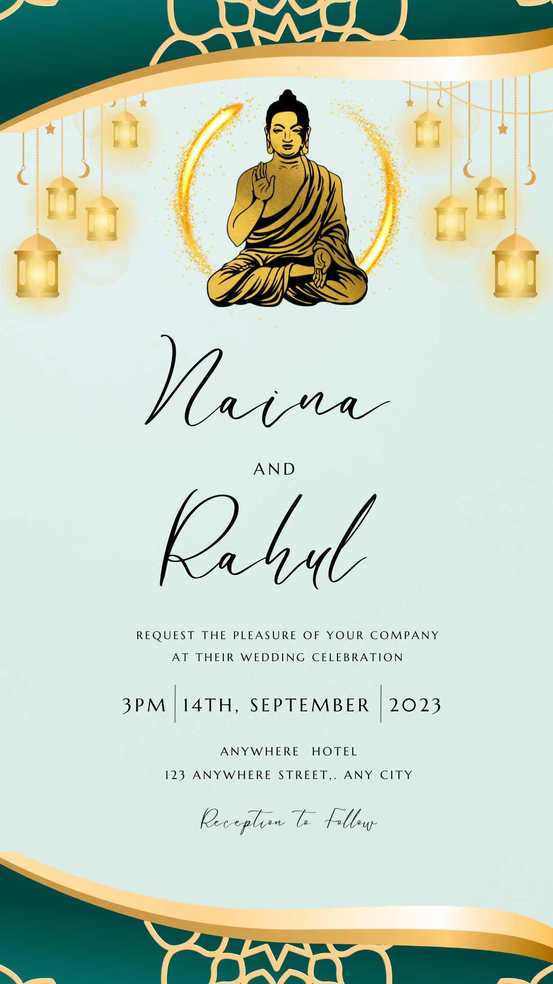 Buddhist Wedding Invitation USA Green Border Elegant Buddhist Wedding ...