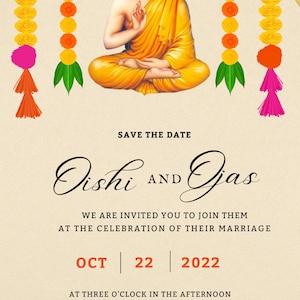 Gold Buddhist Wedding Digital Invitation With Marigold Garland ...