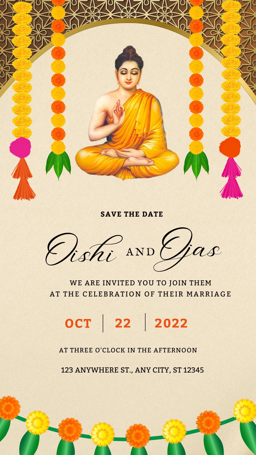 Buddhist Wedding Invitation USA Orange Marigold and Marigold Flower ...