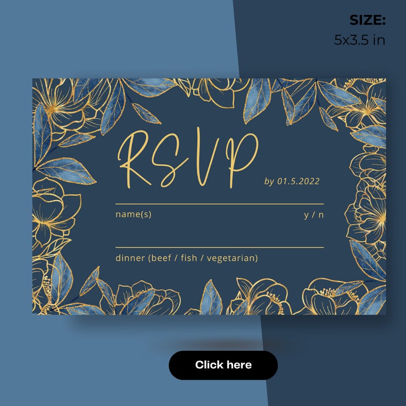 RSVP Card Template 2024 Blue and Gold Floral Pattern Rsvp Card for ...