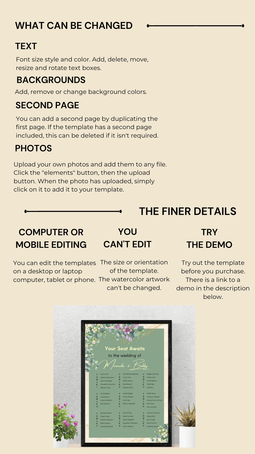 Seating Chart Digital Template 2024 Greenery Leaves Seating Chart for ...