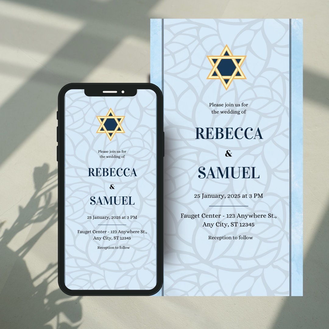 Blue Jewish Wedding Invitation With Star of David Digital Invite Canva ...