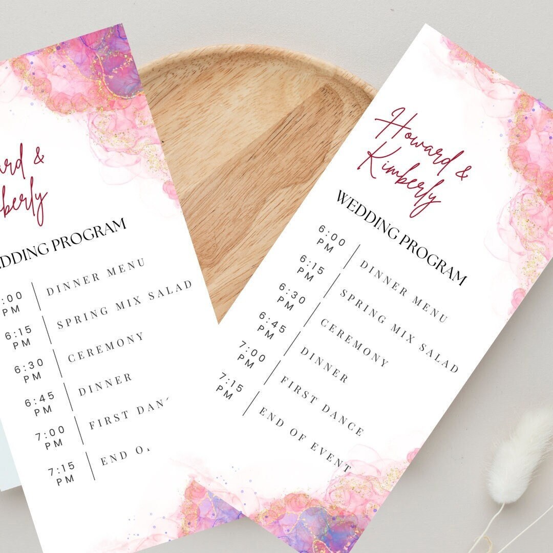 Wedding Program Template Pink and Purple Watercolor Marble Digital ...