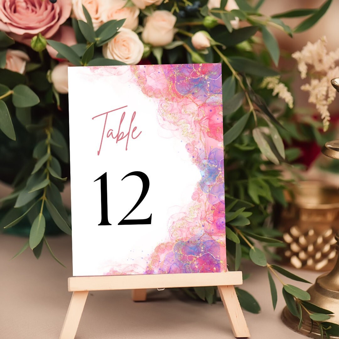 Wedding Table Numbers Pink and Purple Watercolor Marble UK Minimalist ...