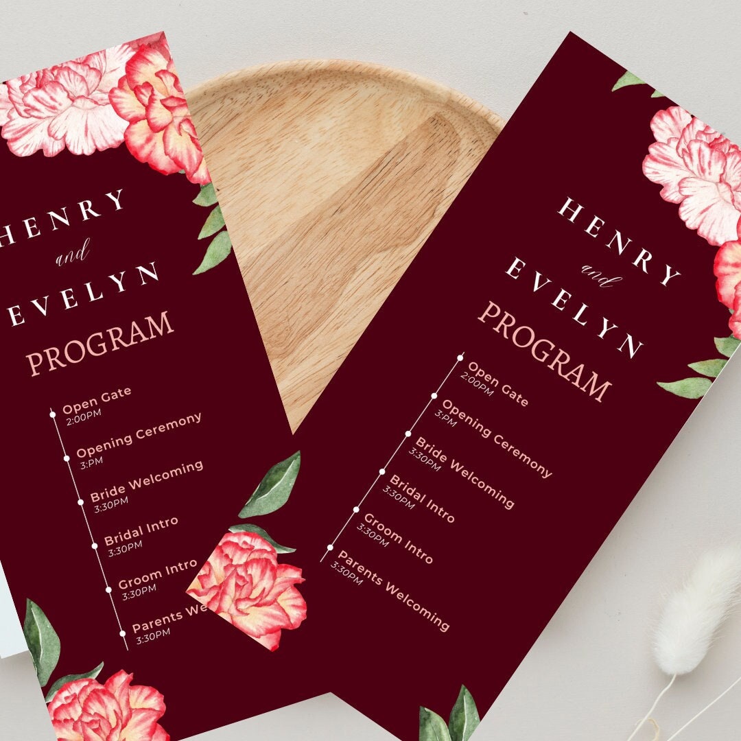 Elegant Burgundy Floral Wedding Day Program Template Ceremony Program ...