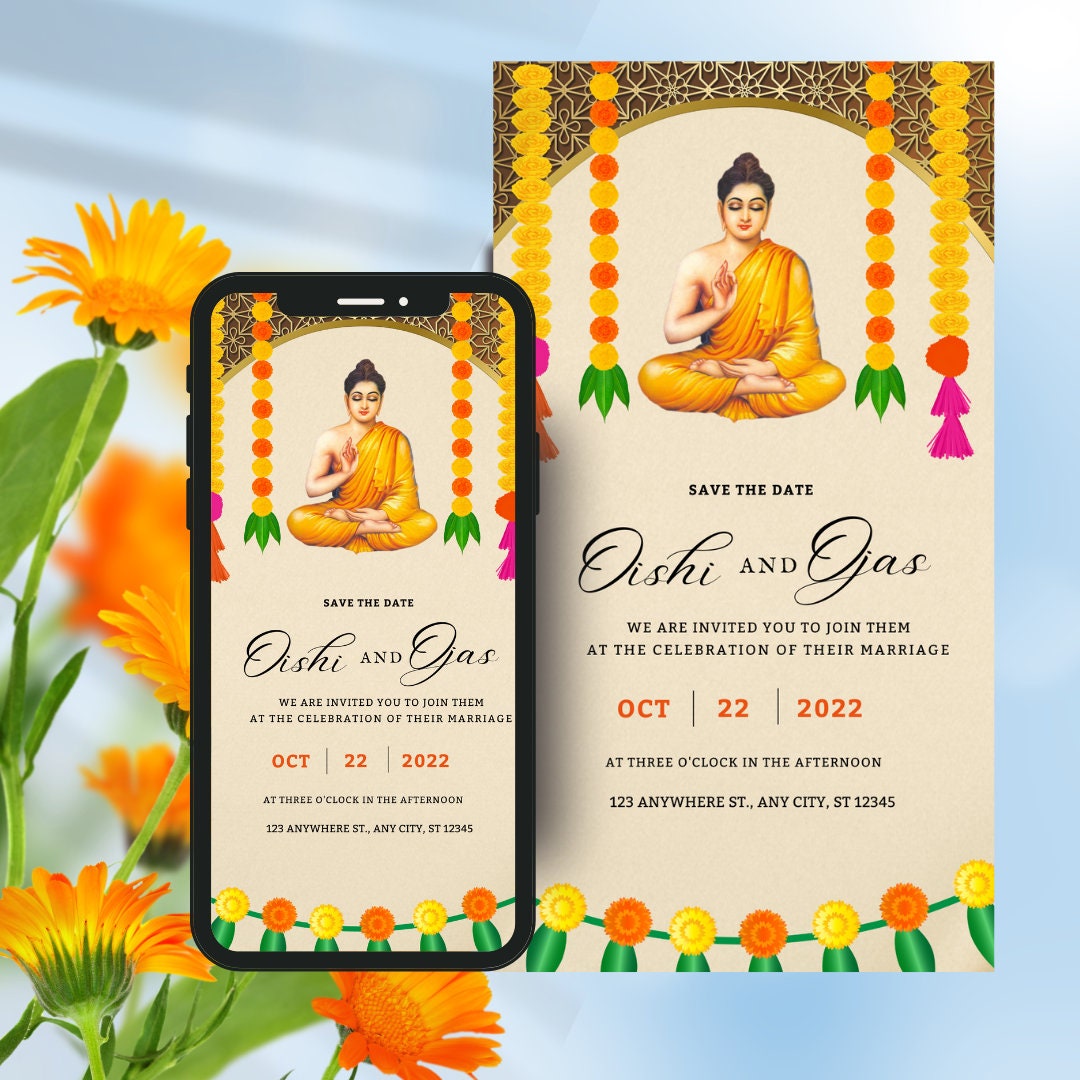 Buddhist Wedding Invitation USA Orange Marigold and Marigold Flower ...