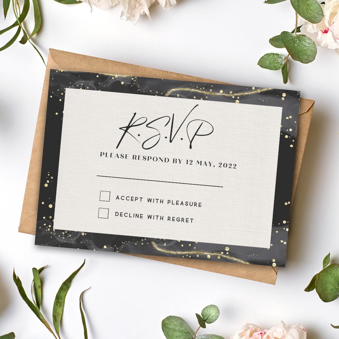 RSVP Card Digital Template 2024 Black Marble Modern Rsvp Card for ...
