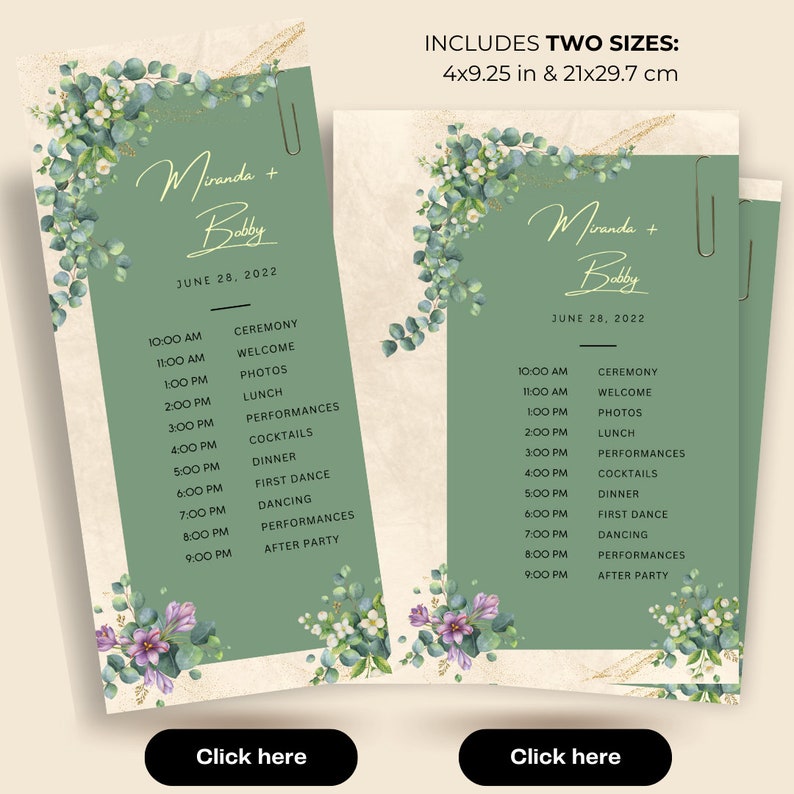 Eucalyptus Greenery Wedding Day Program Template Wedding Timeline Canva ...