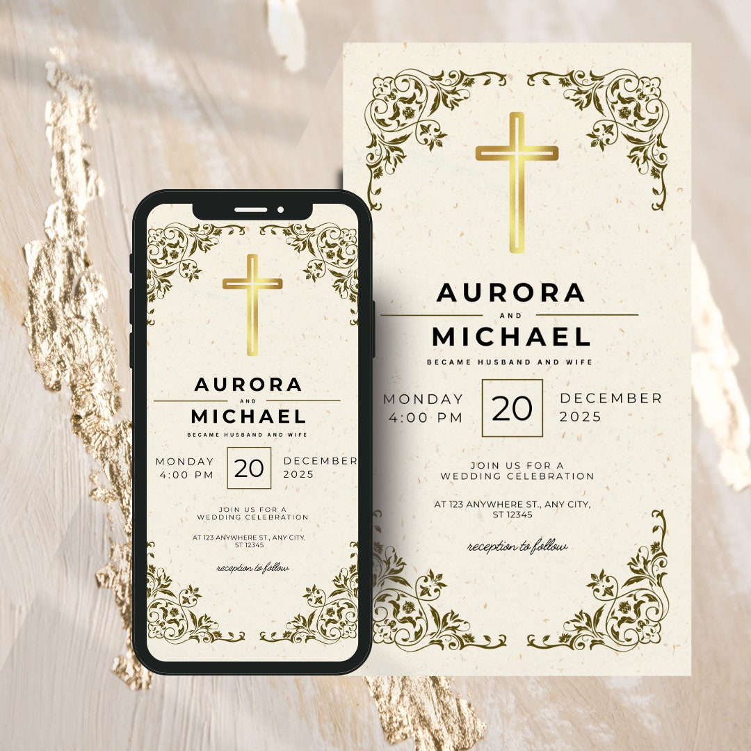 Gold Border Elegant Christian Wedding Digital Invite Instant Download ...