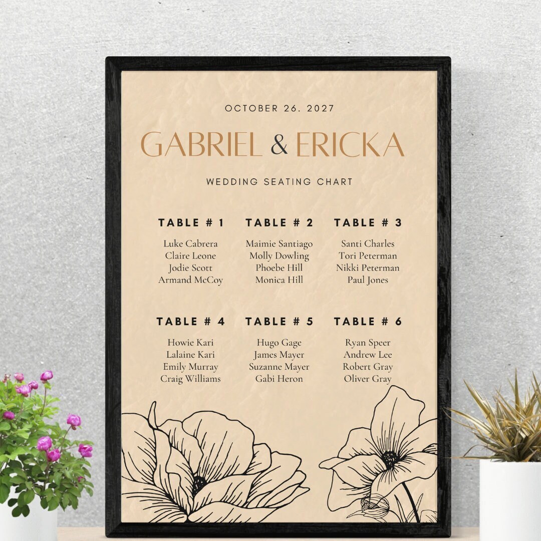 Wedding Seating Chart Brown Floral Pattern and Gold Template Wedding ...