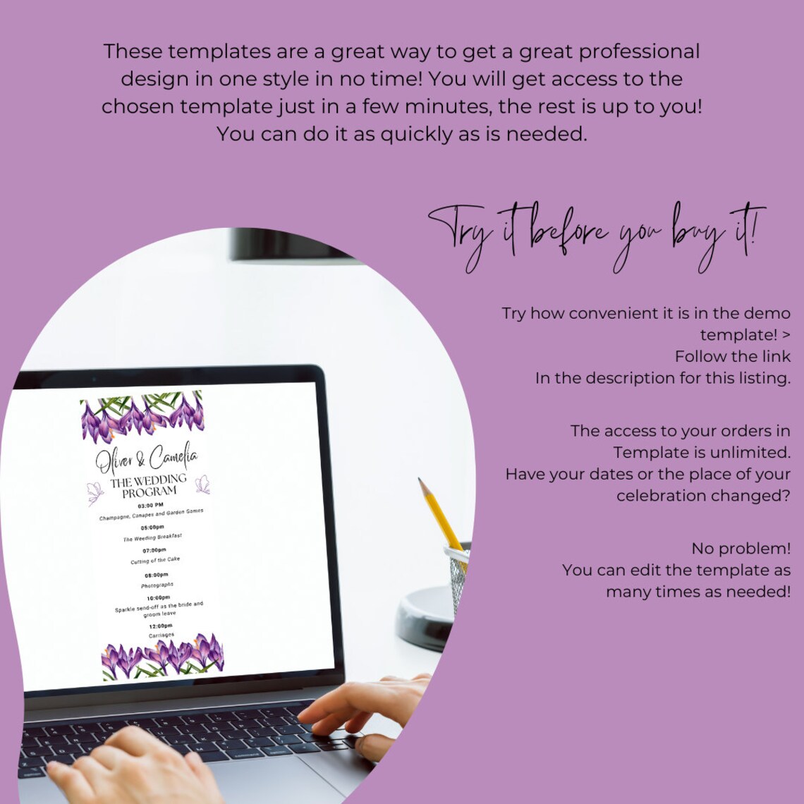 Wedding Program Template Purple Flower Elegant Minimalist Card Wedding ...
