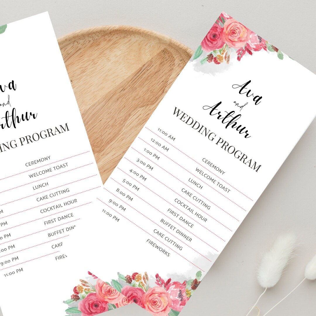 Wedding Program Template Pink Watercolor Floral Digital Canva Template ...