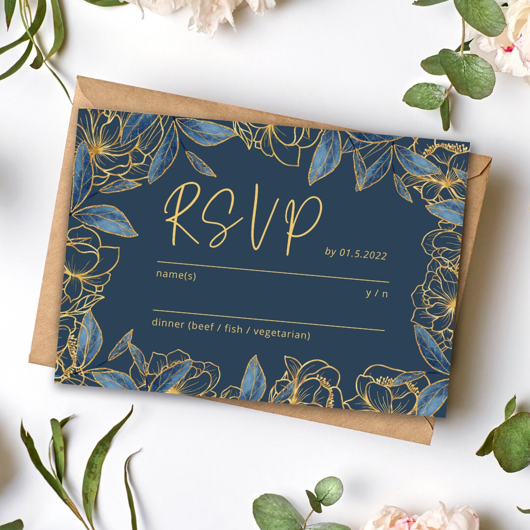 RSVP Card Template 2024 Blue and Gold Floral Pattern Rsvp Card for ...