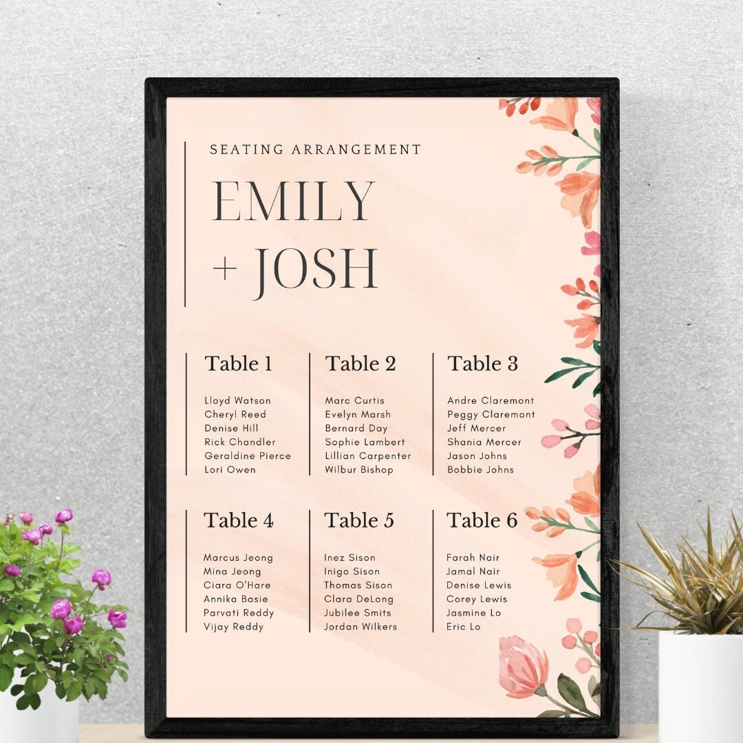 Modèle de plan de table pour mariage floral aquarelle pastel signe plan ...