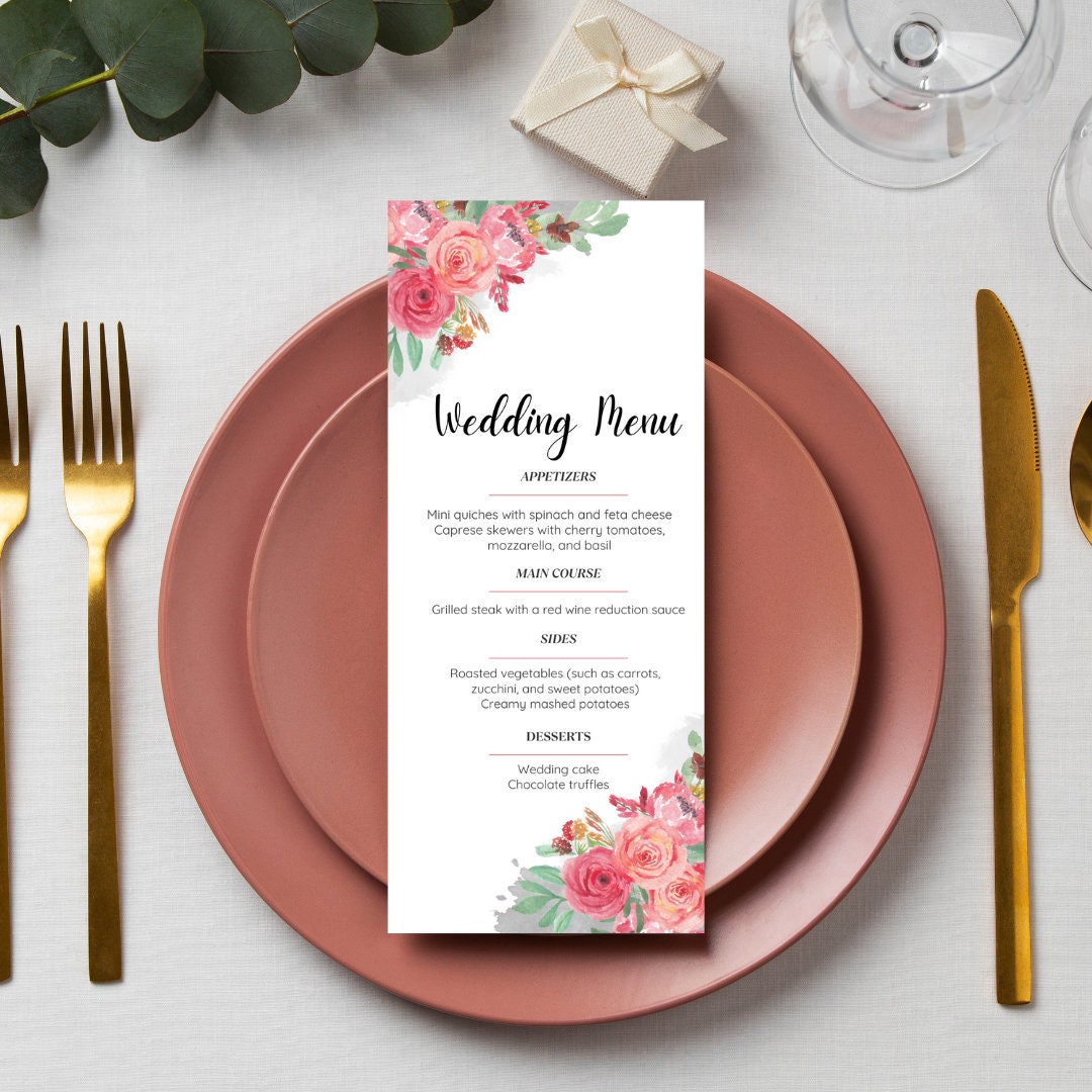 Pink Floral & Watercolor Wedding Menu Template Cards Menu Printable ...
