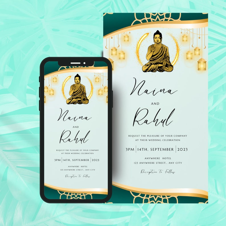 Buddhist Wedding Invitation USA Green Border Elegant Buddhist Wedding ...