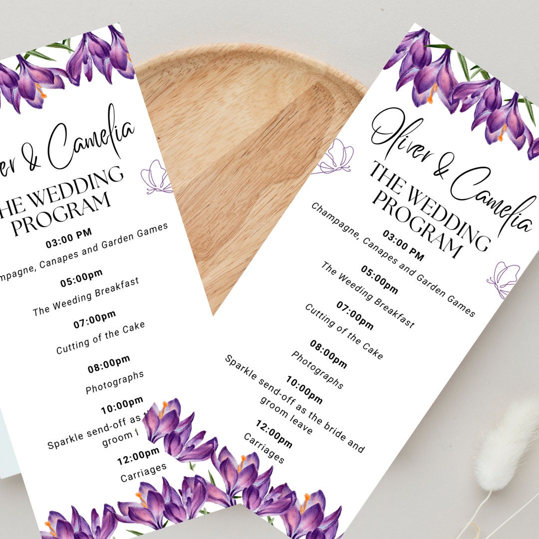 Wedding Program Template Purple Flower Elegant Minimalist Card Wedding ...