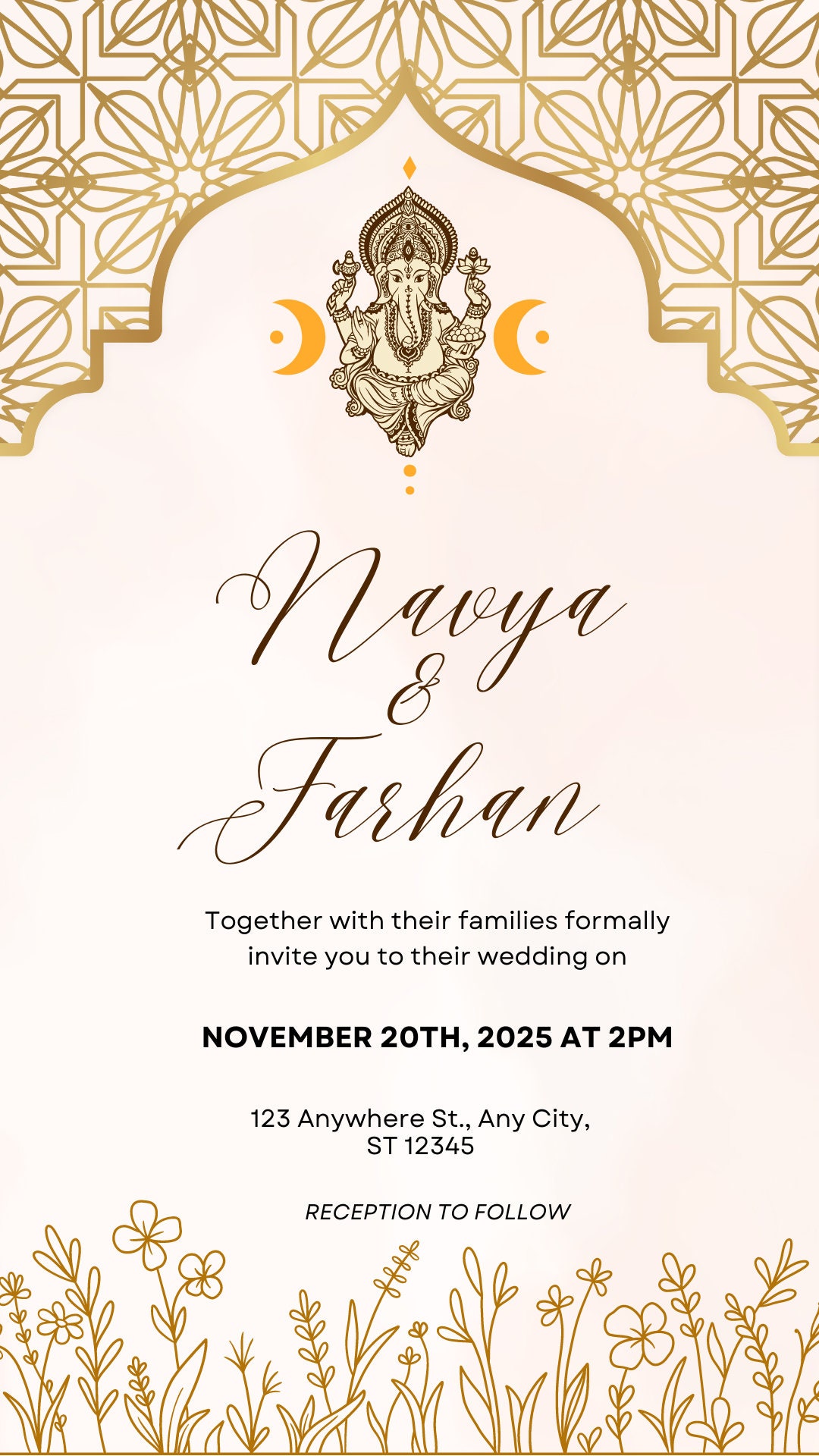 Hindu Wedding Invitation Minimalist Elegant Gold Pattern Digital Canva Template DIY Hindu ...