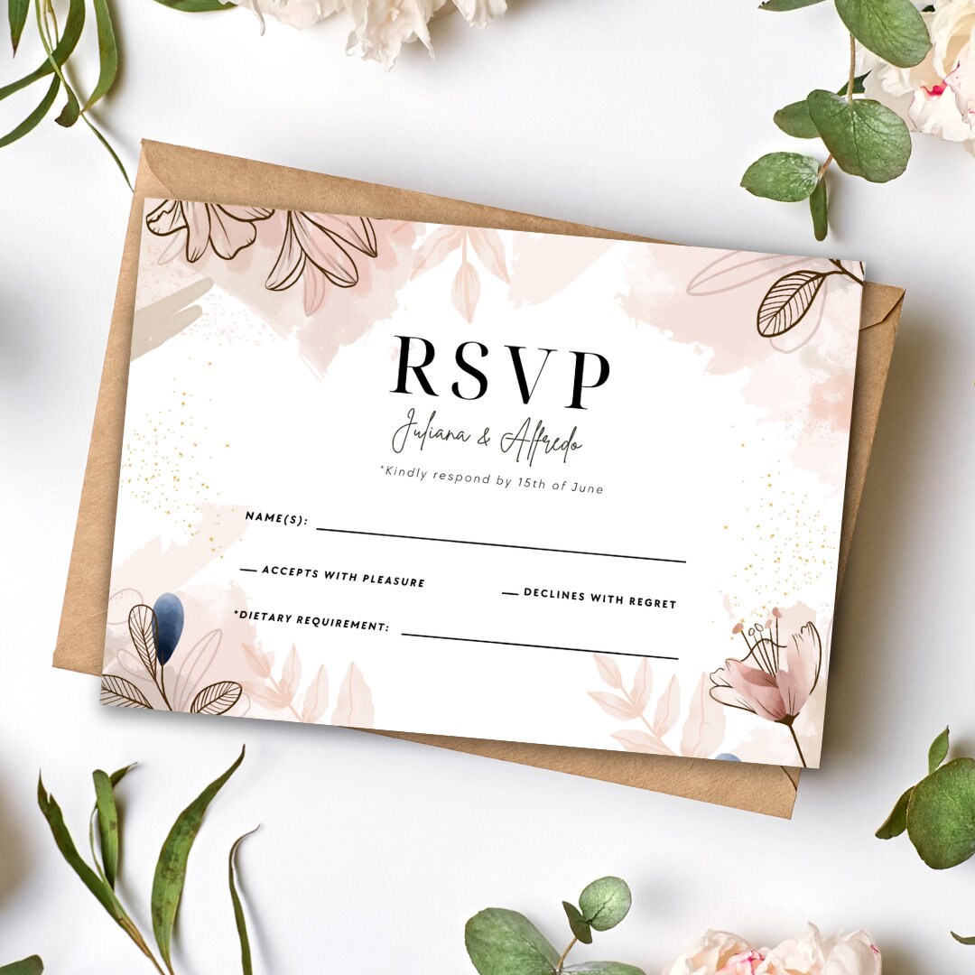 RSVP Card Template for Wedding UK Rustic Floral Brown Minimalist Rsvp ...