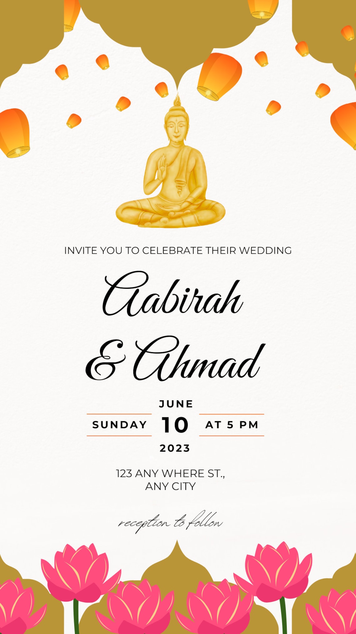 Buddhist Wedding Invitation USA Gold and Lilies Pattern Minimalist ...