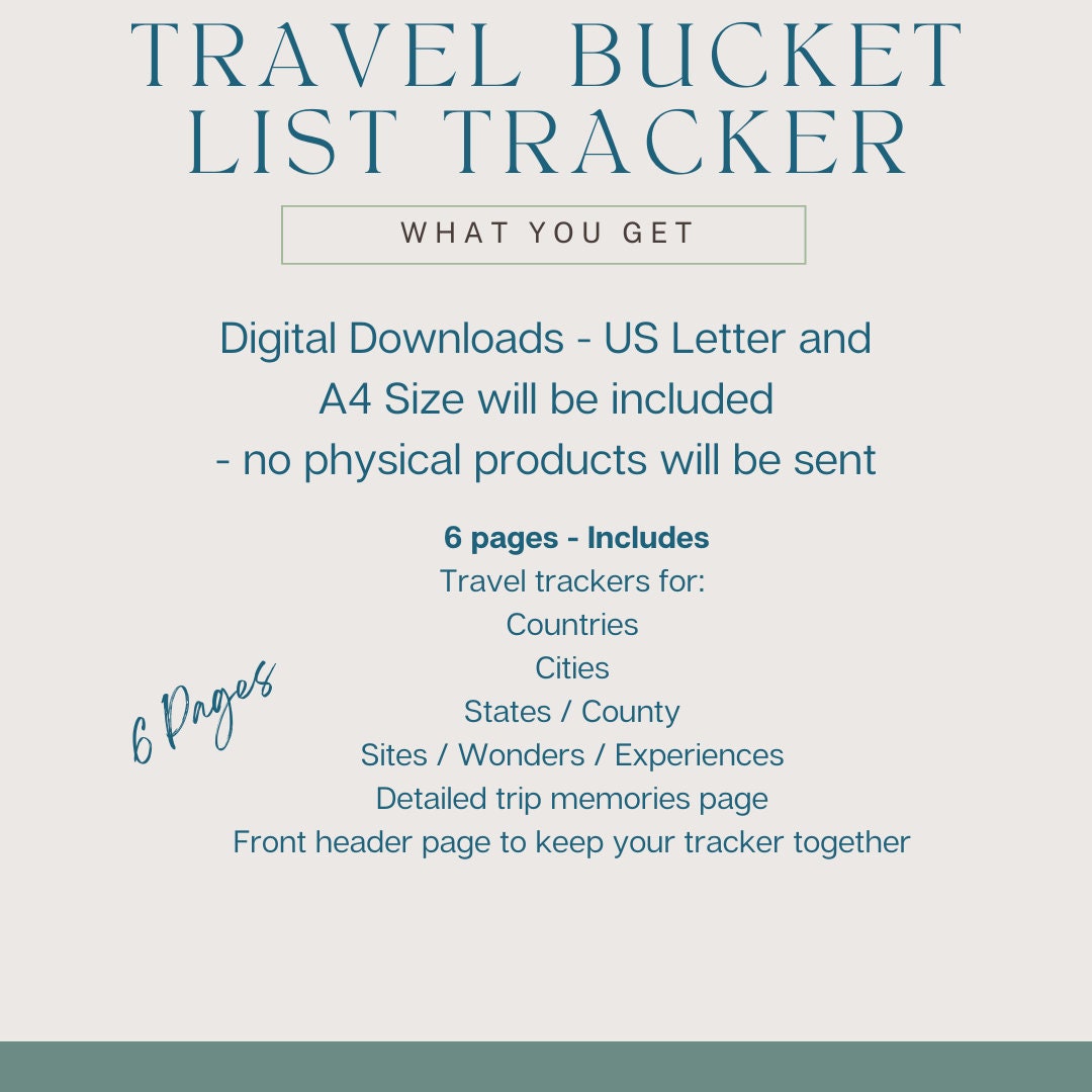 Travel Bucket List Tracker Printable, Instant Download PDF, A4 ...