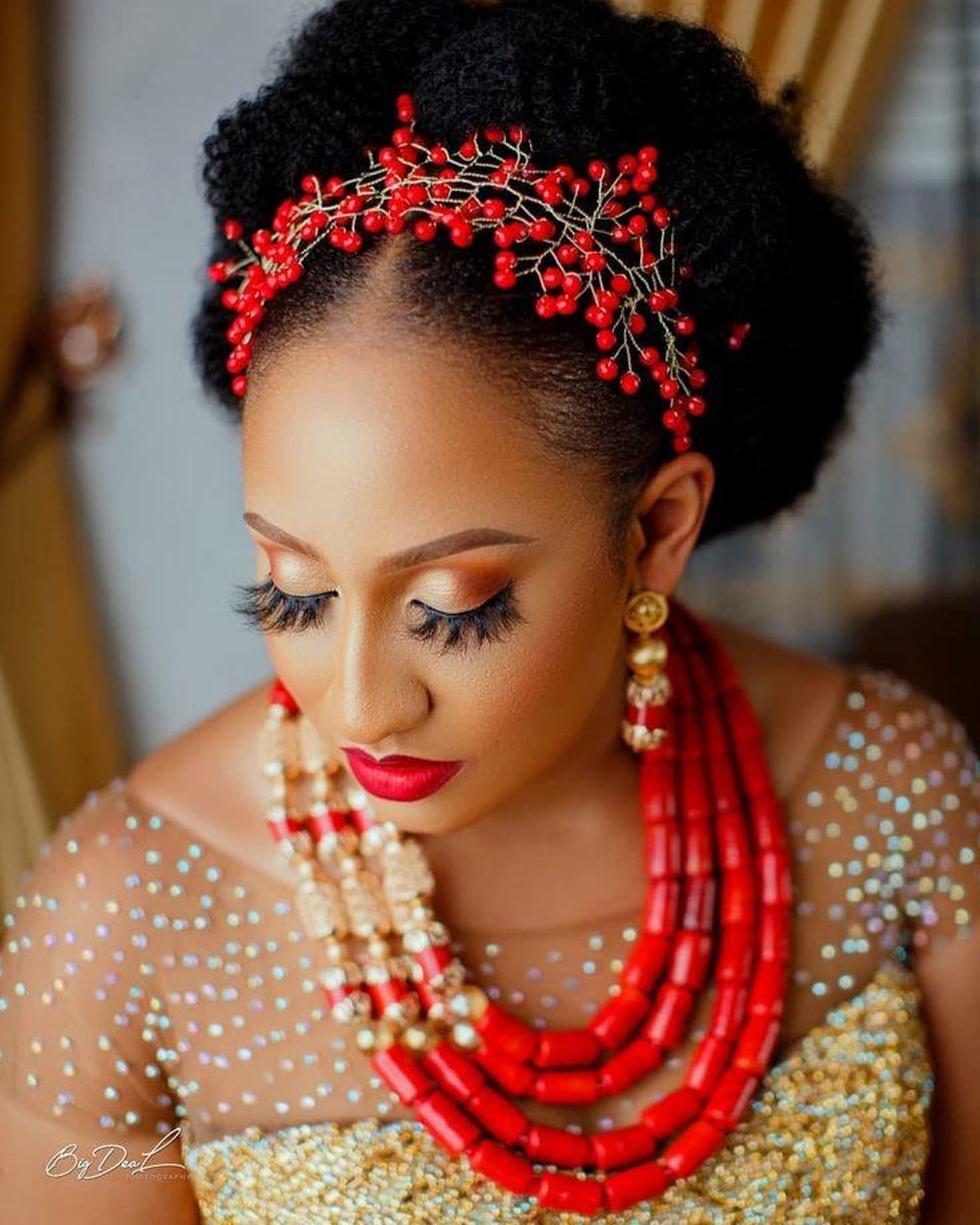 African Beaded Tiara and Necklace Set, Coral Beads Designs, Coral ...