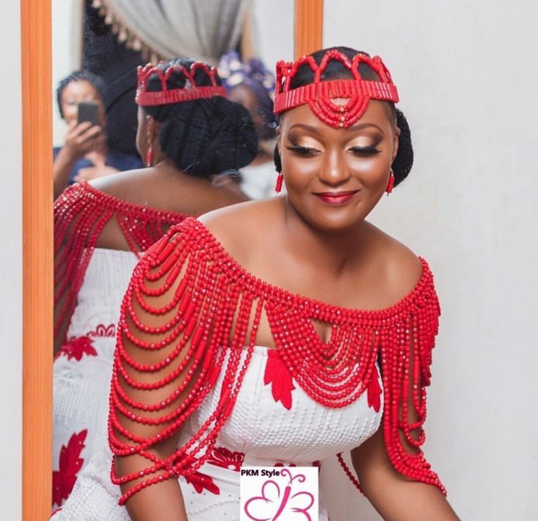 Coral Beads Blouse and Crown, Bridal Costume, Igbo Traditional Wedding Accessories, African ...