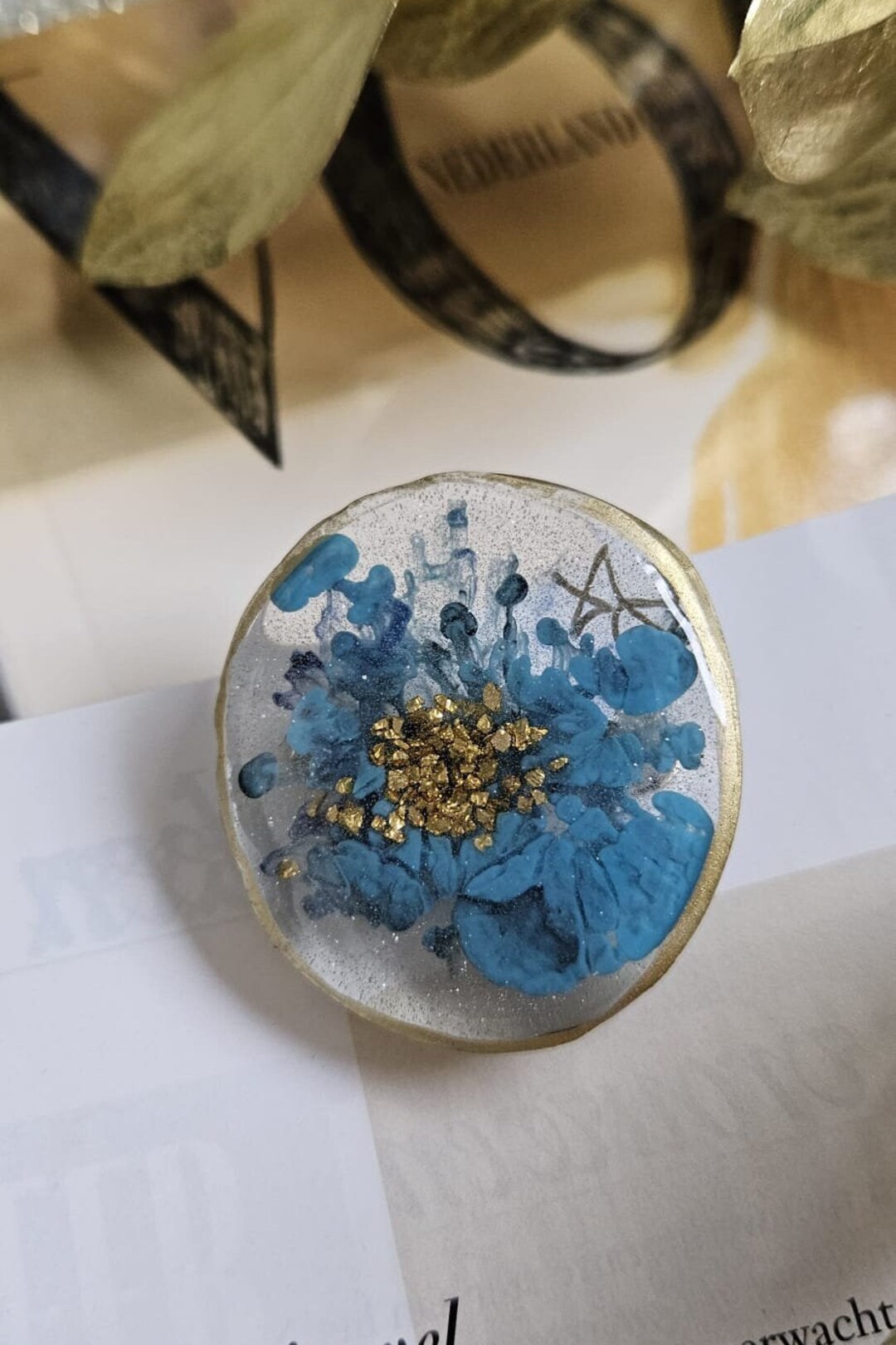 Handmade Brooch With Blue Flower and Gold Details Nature-inspired Epoxy ...