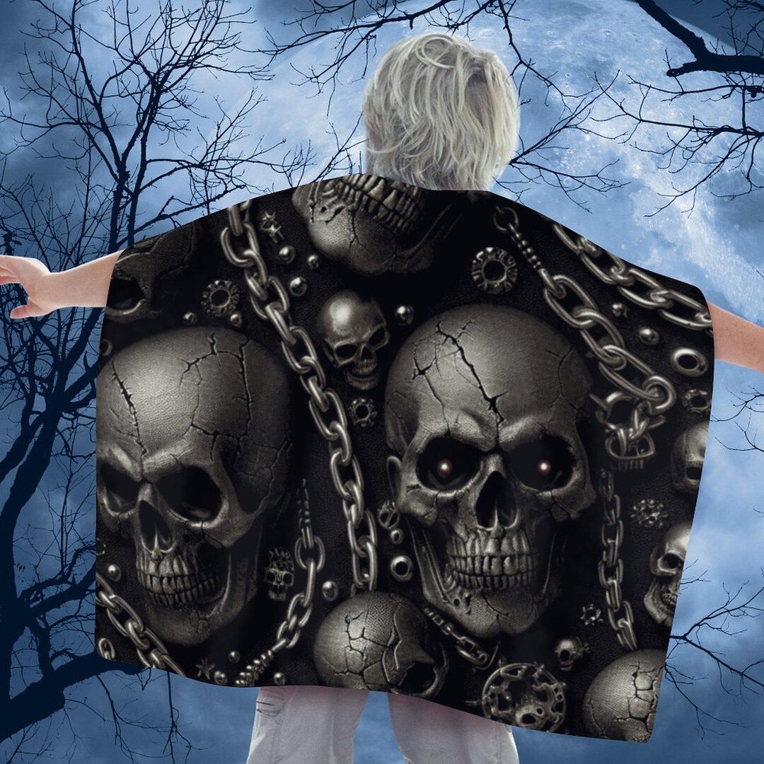 Skull Print Halloween Cape, Gothic Black Cloak, Skeleton Adult Costume ...