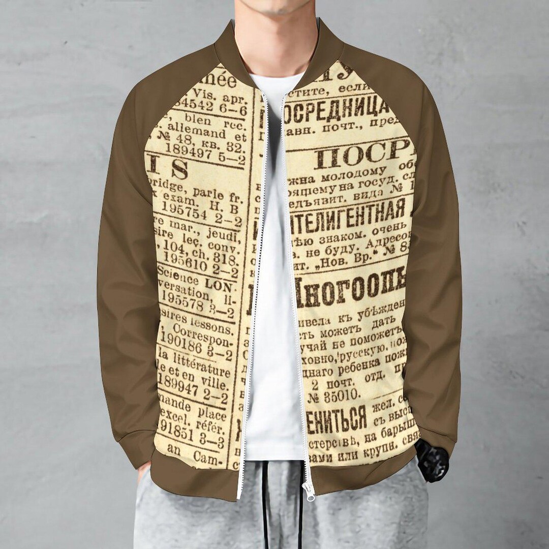 Vintage Newspaper Print Raglan Zip Jacket – Retro Style Lightweight ...