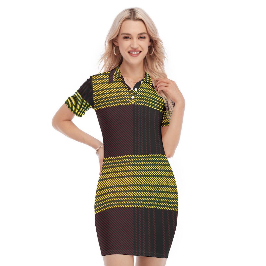 Yellow and Black Polo Collar Dress for Women Abstract Striped Geometric ...