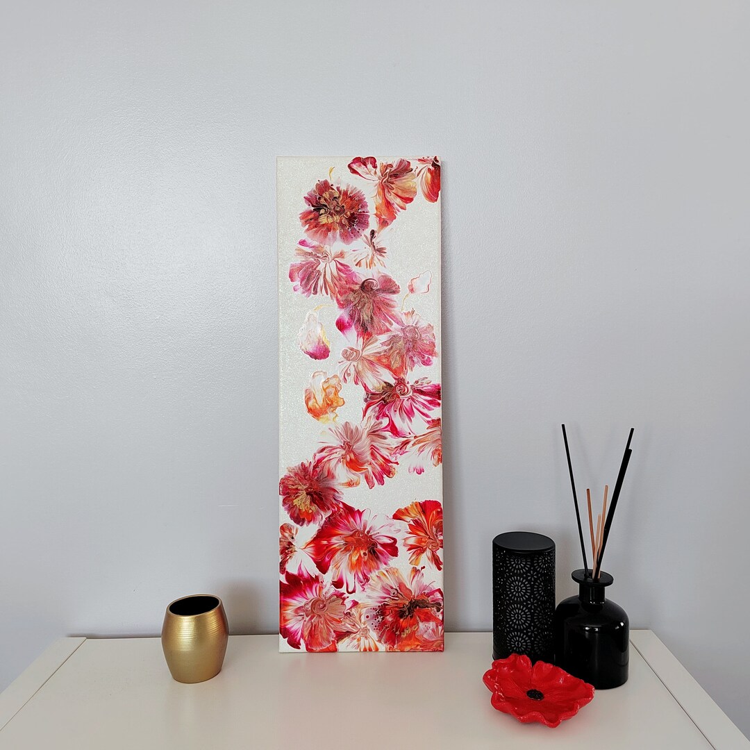 20x60cm Red Acrylic Abstract Flowers With White Glitter Pour Painting ...