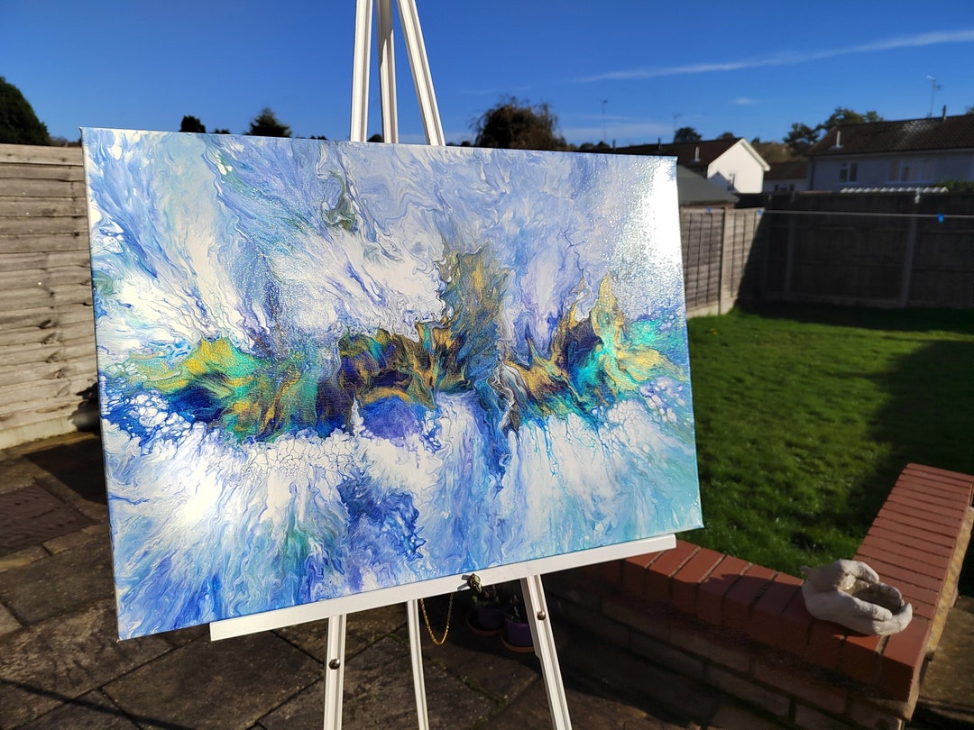 Blue Acrylic Painting on Canvas Fluid Art Abstract Artwork 50x70cm Pour ...