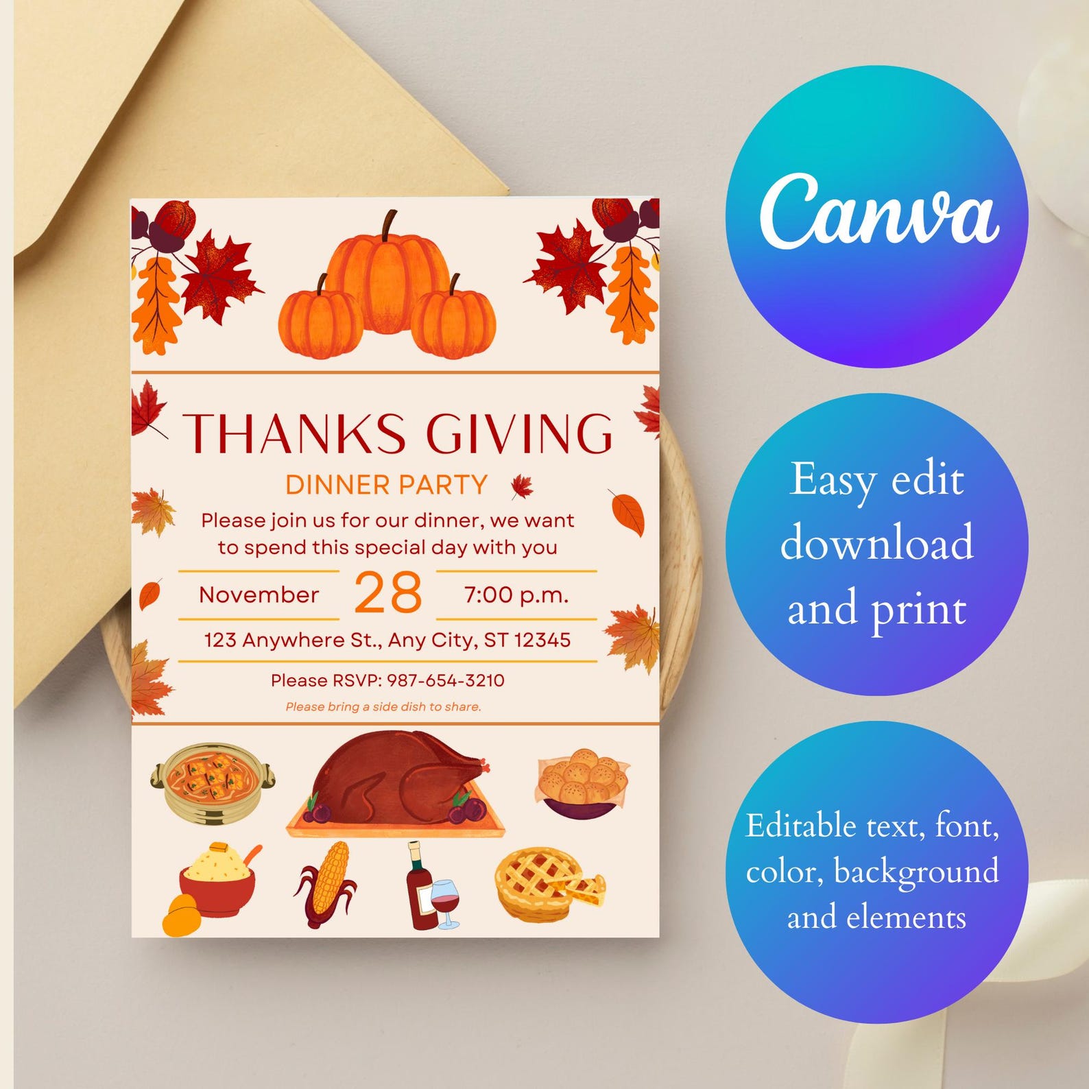 Editable Thanksgiving Dinner Invitation, Thanksgiving Feast Invite, Let ...
