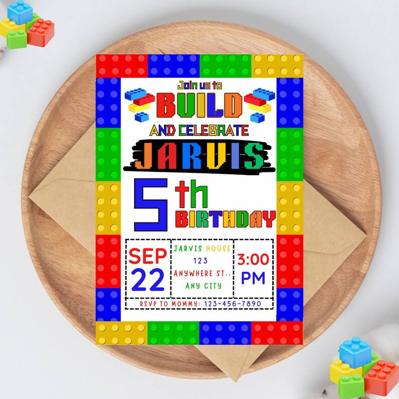 Building Blocks Birthday Invitation, Brick Theme Party, Blocks Invite ...