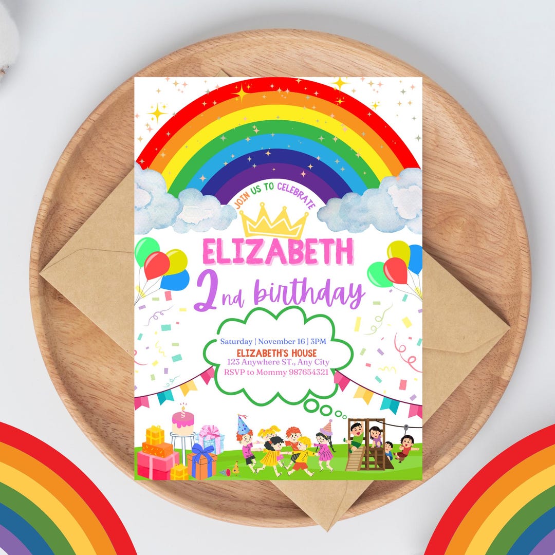 Editable Rainbow Birthday Invitation, Colorful Birthday Invitation ...