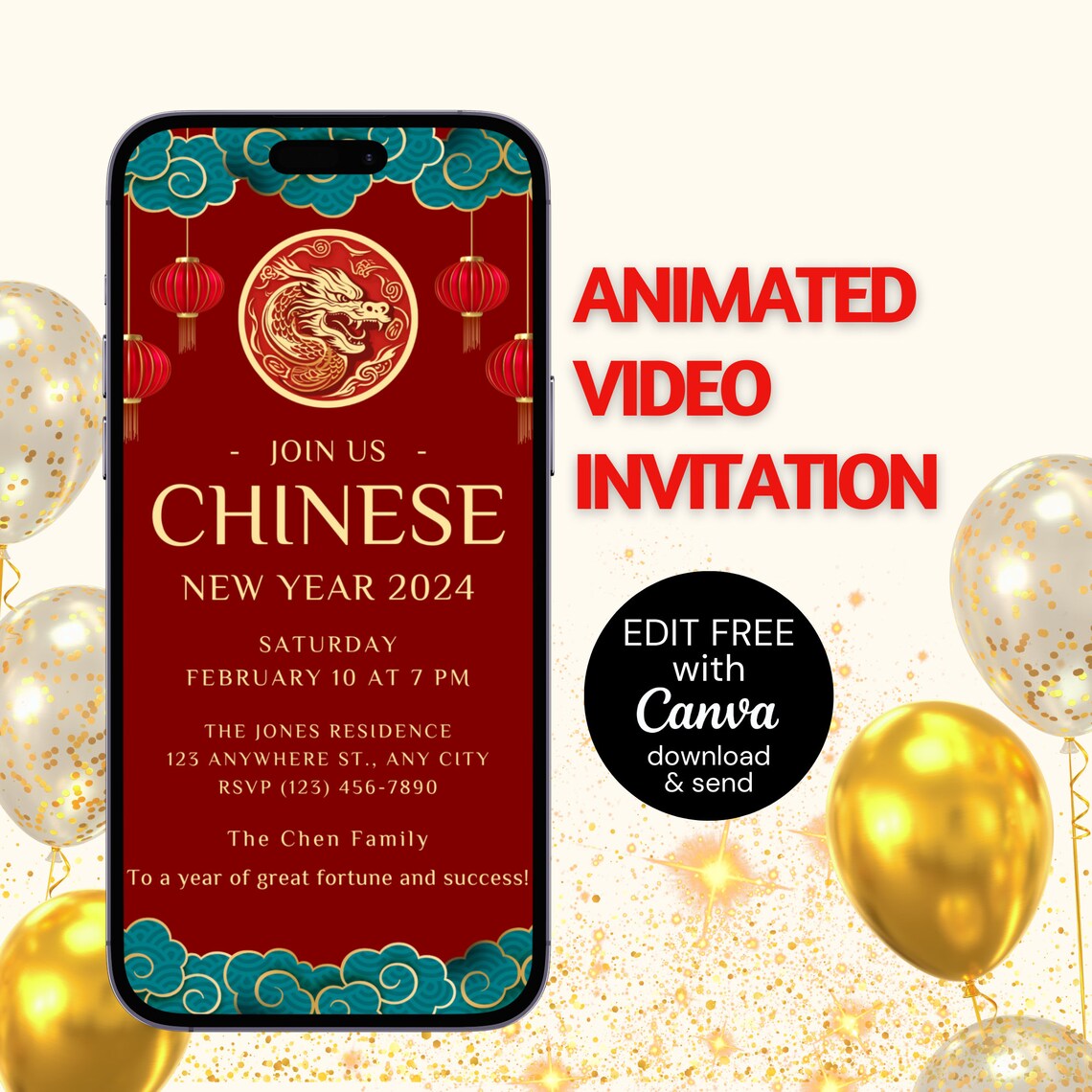 Chinese New Year Invitation Template, 2024 Dragon New Year, Lunar New ...