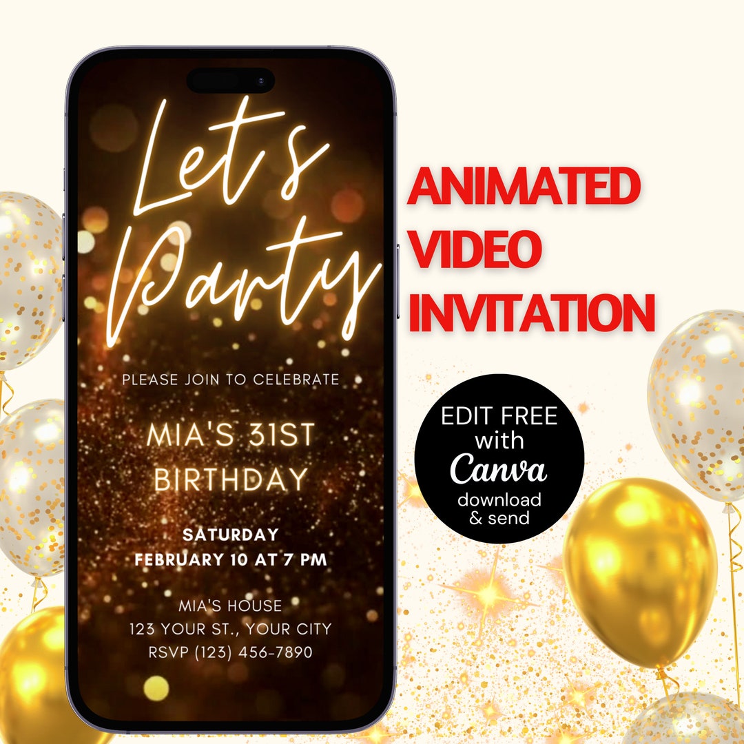 Let's Party Animated Invitation, Neon Gold Light Digital Party Invite ...