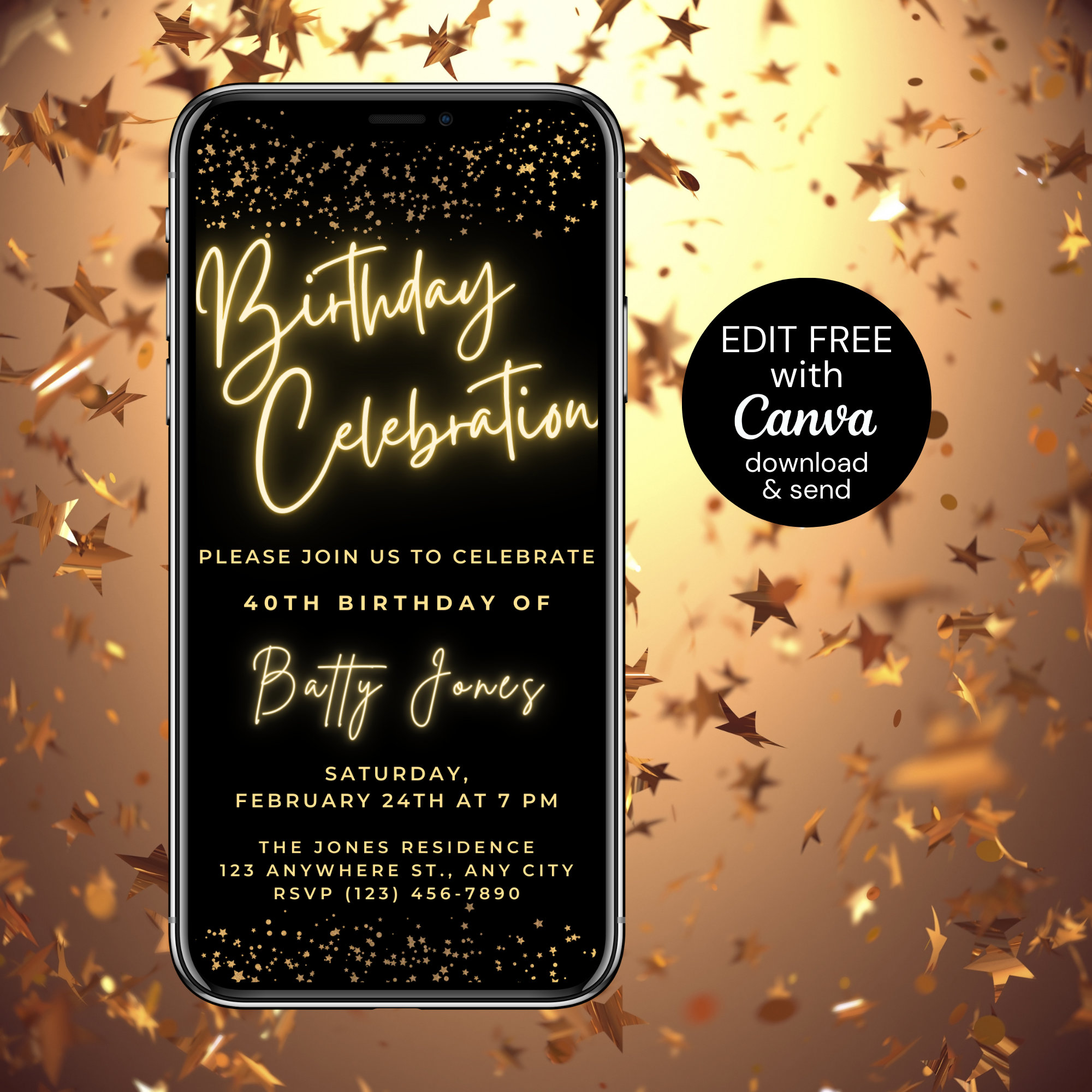 Editable Birthday Party Digital Invitation,text Invitation Black & Gold ...