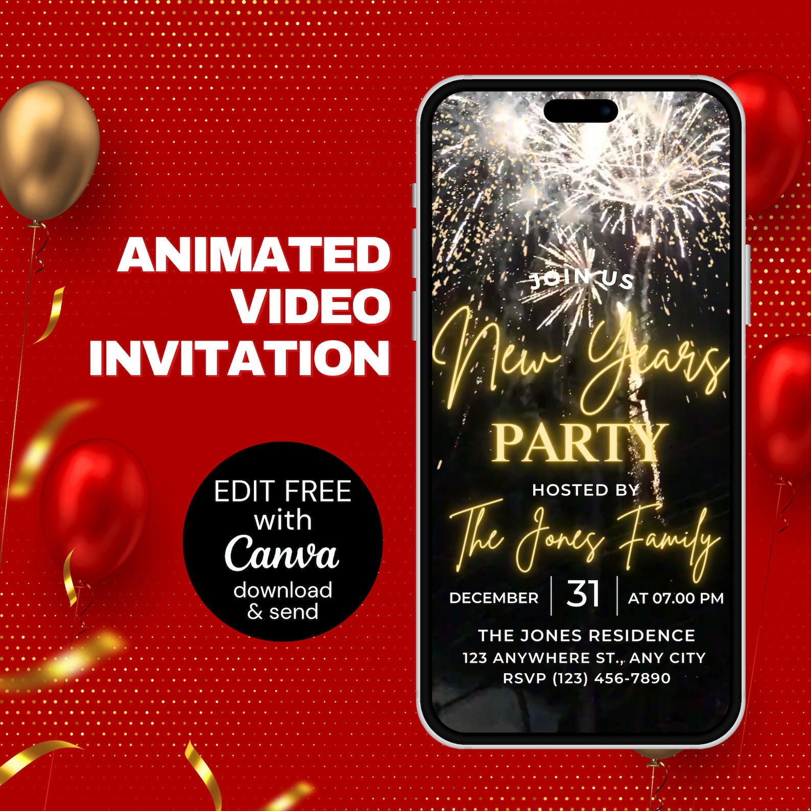 New Years Eve Party Invitation, Animated Digital NYE Party Invite, New ...