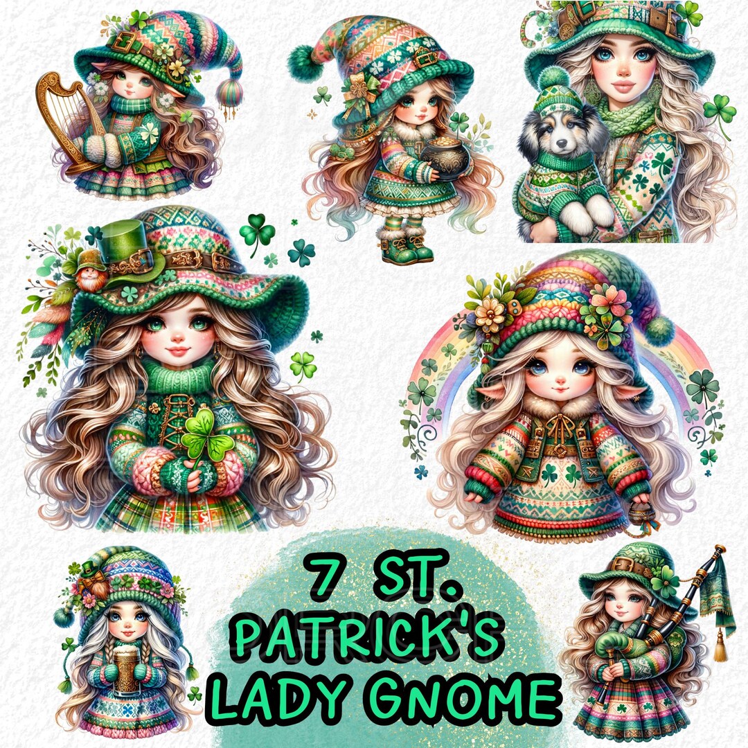 St. Patrick's Lady Gnome Clipart Bundle,11 Png,lucky Charm Lady Gnome ...
